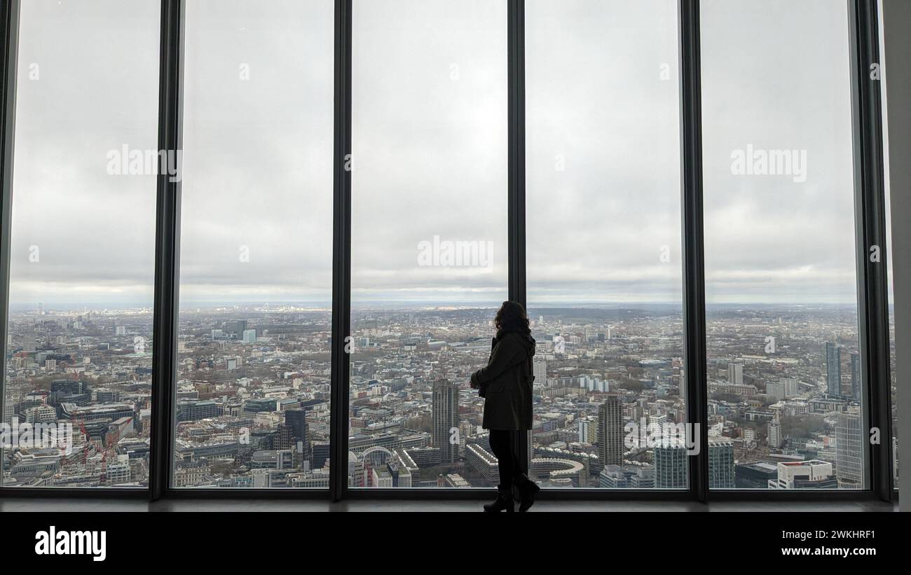 A woman gazing through a spacious window at an urban panorama Stock ...