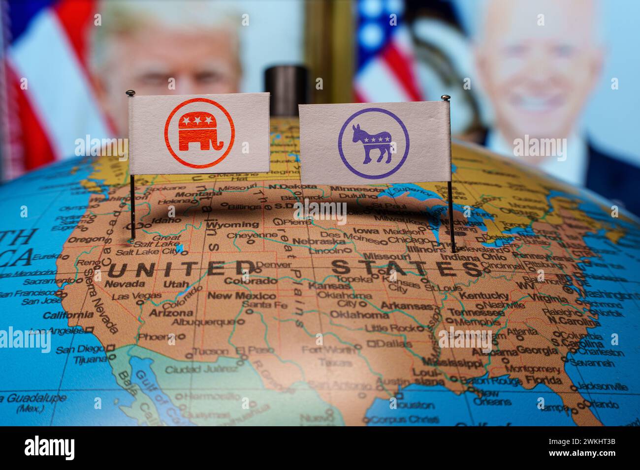 Republican and democrat party logo on USA map. Donald Trump and Joe ...