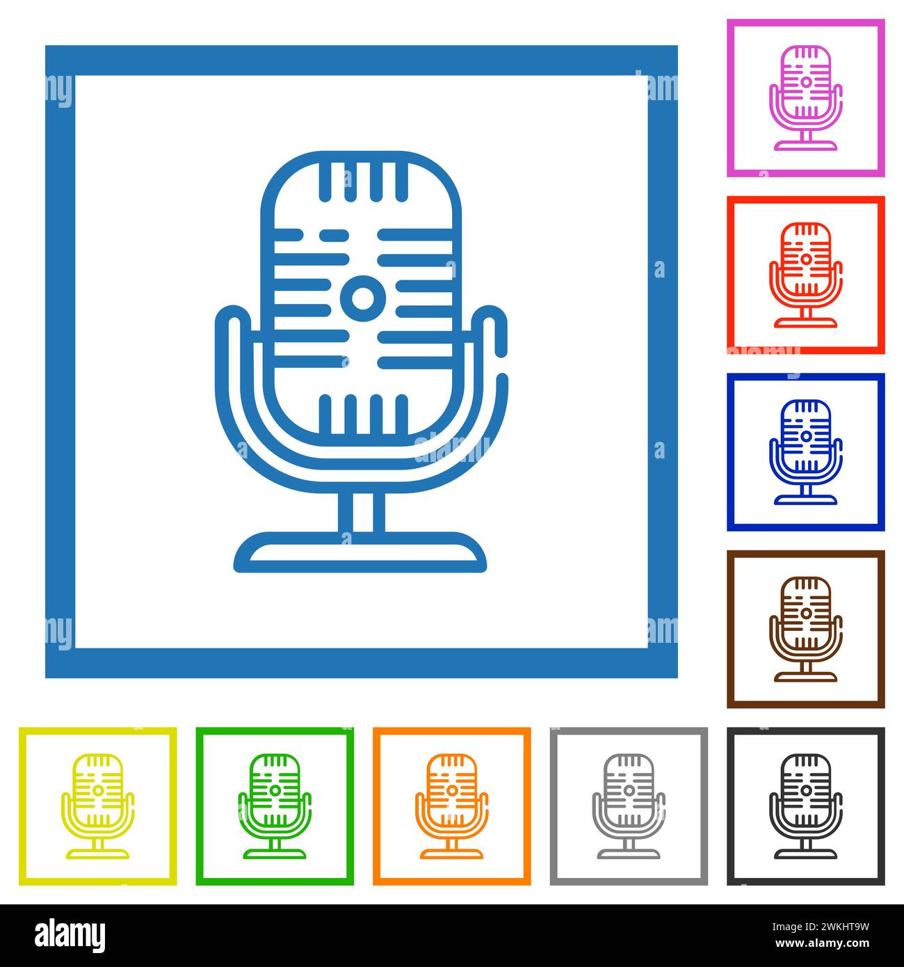 Microphone on stand outline flat color icons in square frames on white ...