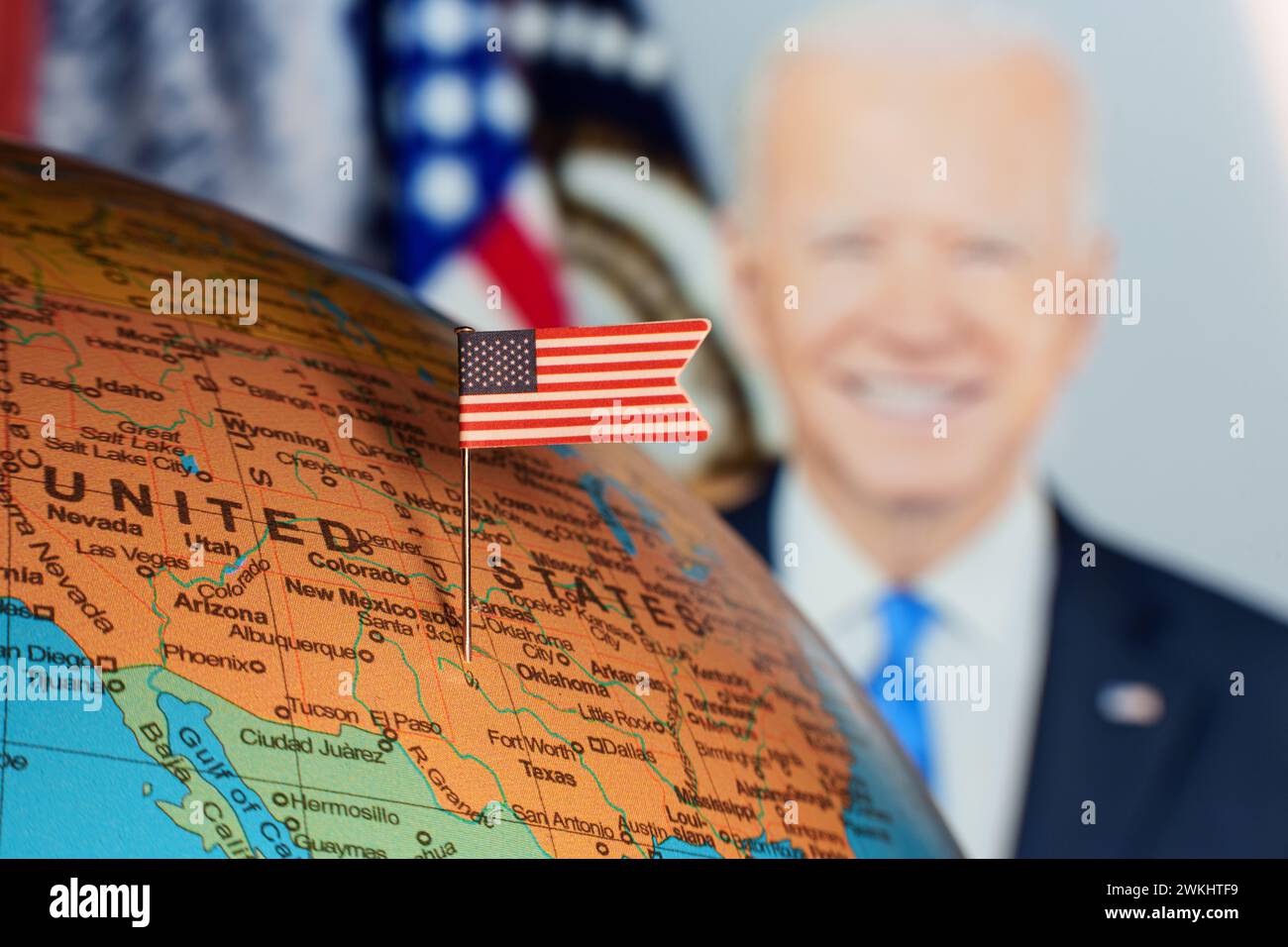 USA Flag on map. US presidential election. Joe Biden in the blurred ...