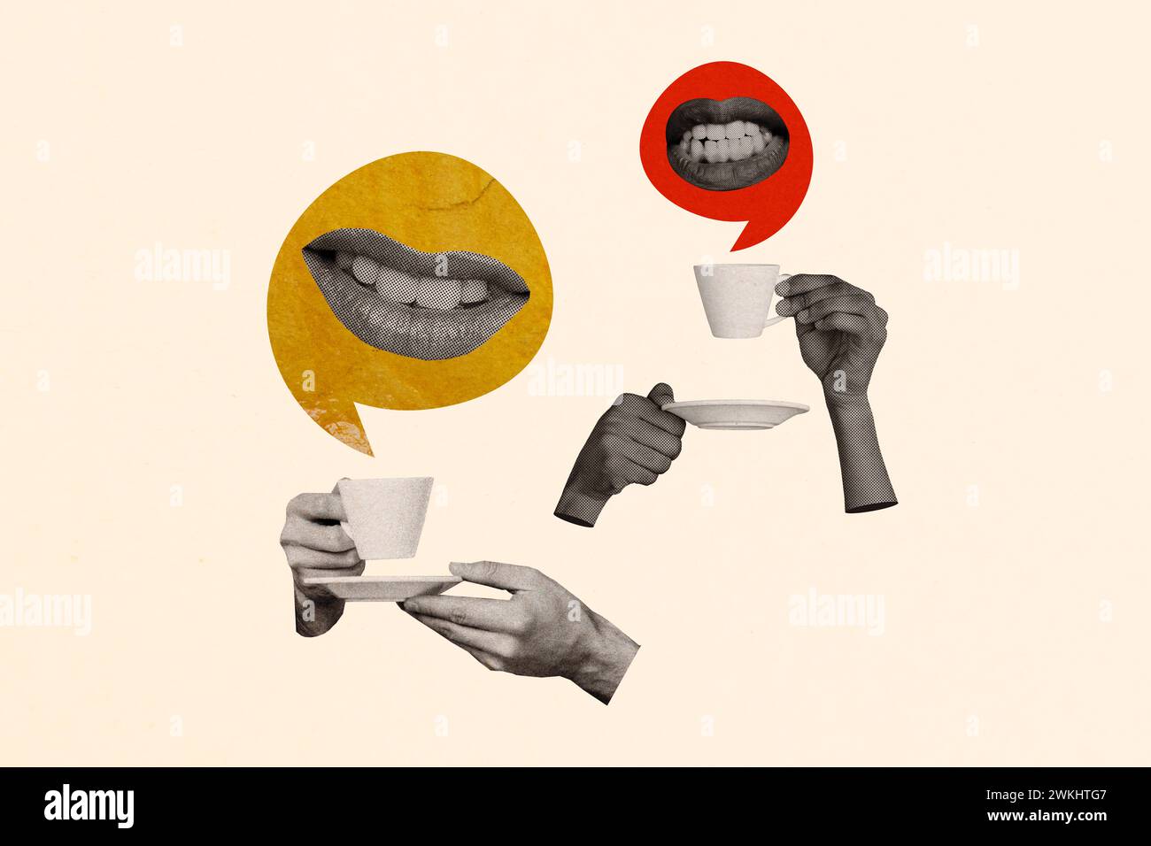 Creative drawing collage picture of mouth talk share news hands hold ...