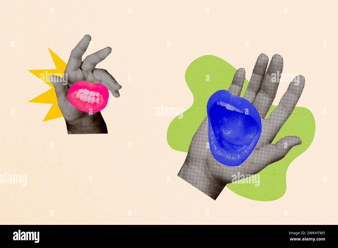 Creative drawing collage picture of hands mouth caricature talking ...