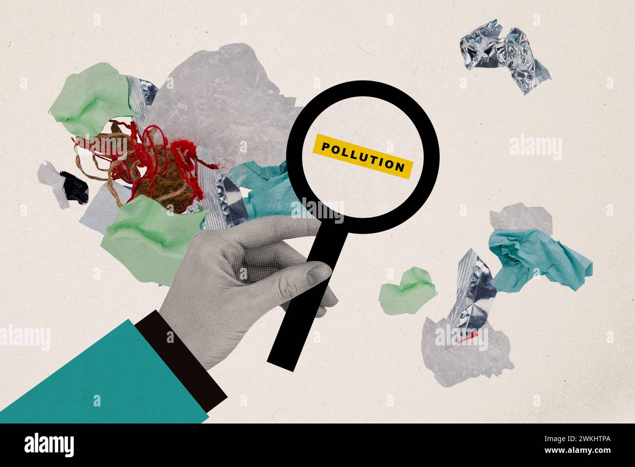 Abstract creative collage hand with magnifying glass looking at garbage ...