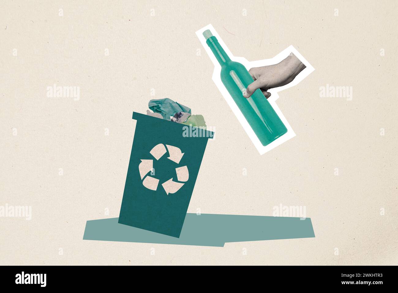 Creative abstract collage hand sorting garbage puts glass bottle in ...