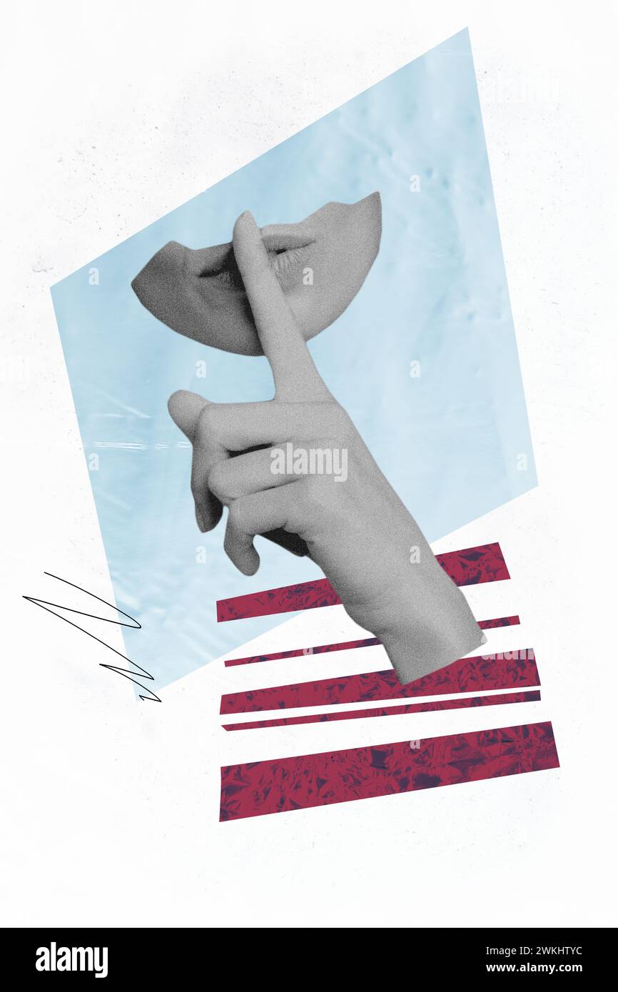 Vertical photo collage young woman face fragment cutout hand show ...