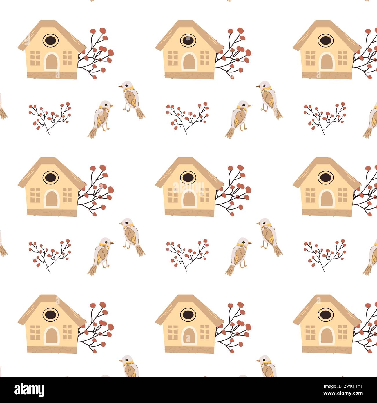 Hand drawn birds and birdhouse pattern with floral elements. Vector ...