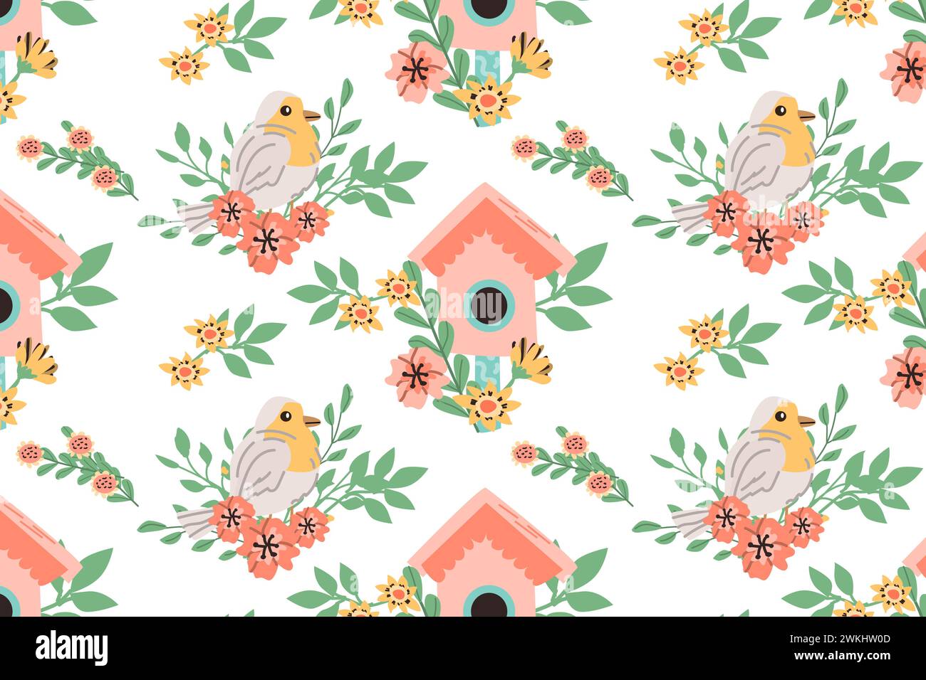Hand drawn spring bird robin and birdhouse pattern with floral elements ...