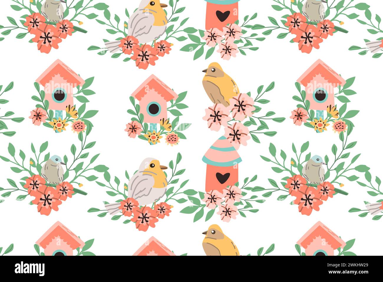 Hand drawn different woodland birds and spring birdhouses with flower ...