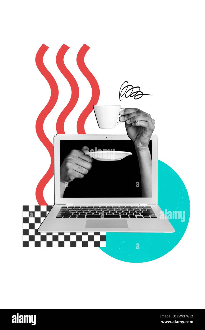 Vertical collage poster laptop computer gadget arms drink coffee tea ...