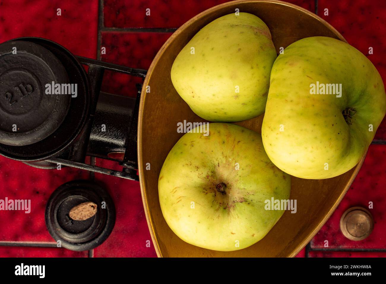 Moody food close up still life of Bramley cooking apples on kitchen ...