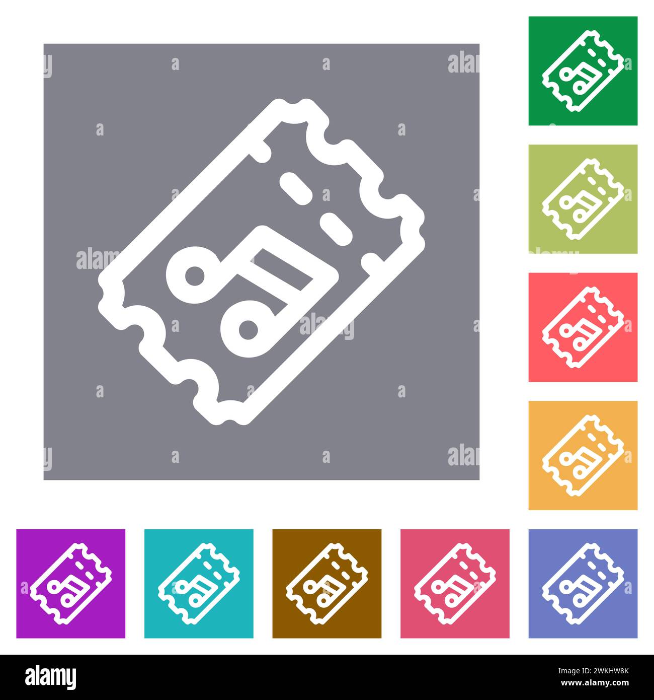 Concert ticket outline flat icons on simple color square backgrounds ...