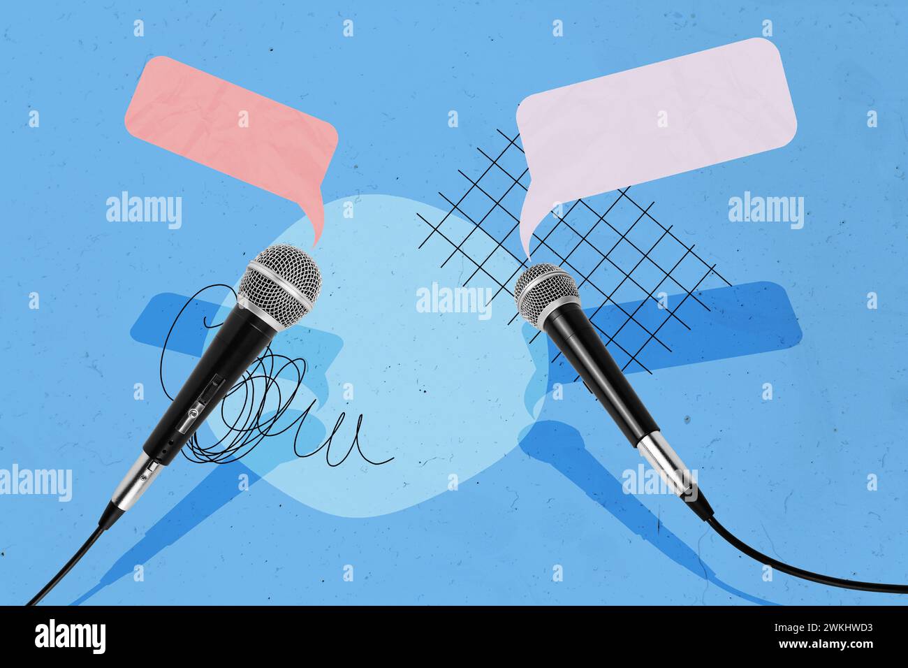 Creative collage image two microphones speaker interview speech textbox ...