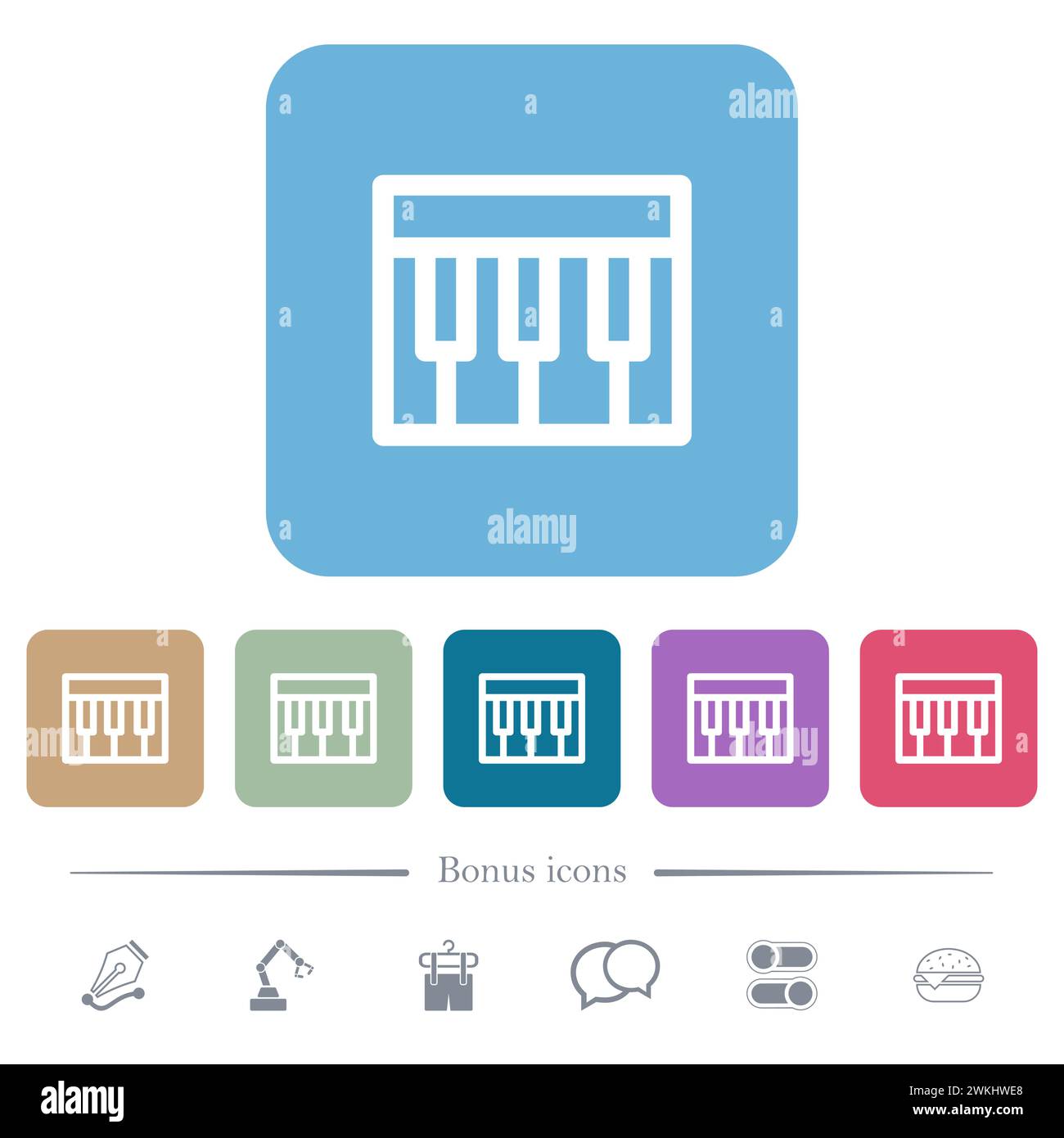Piano keyboard outline white flat icons on color rounded square ...