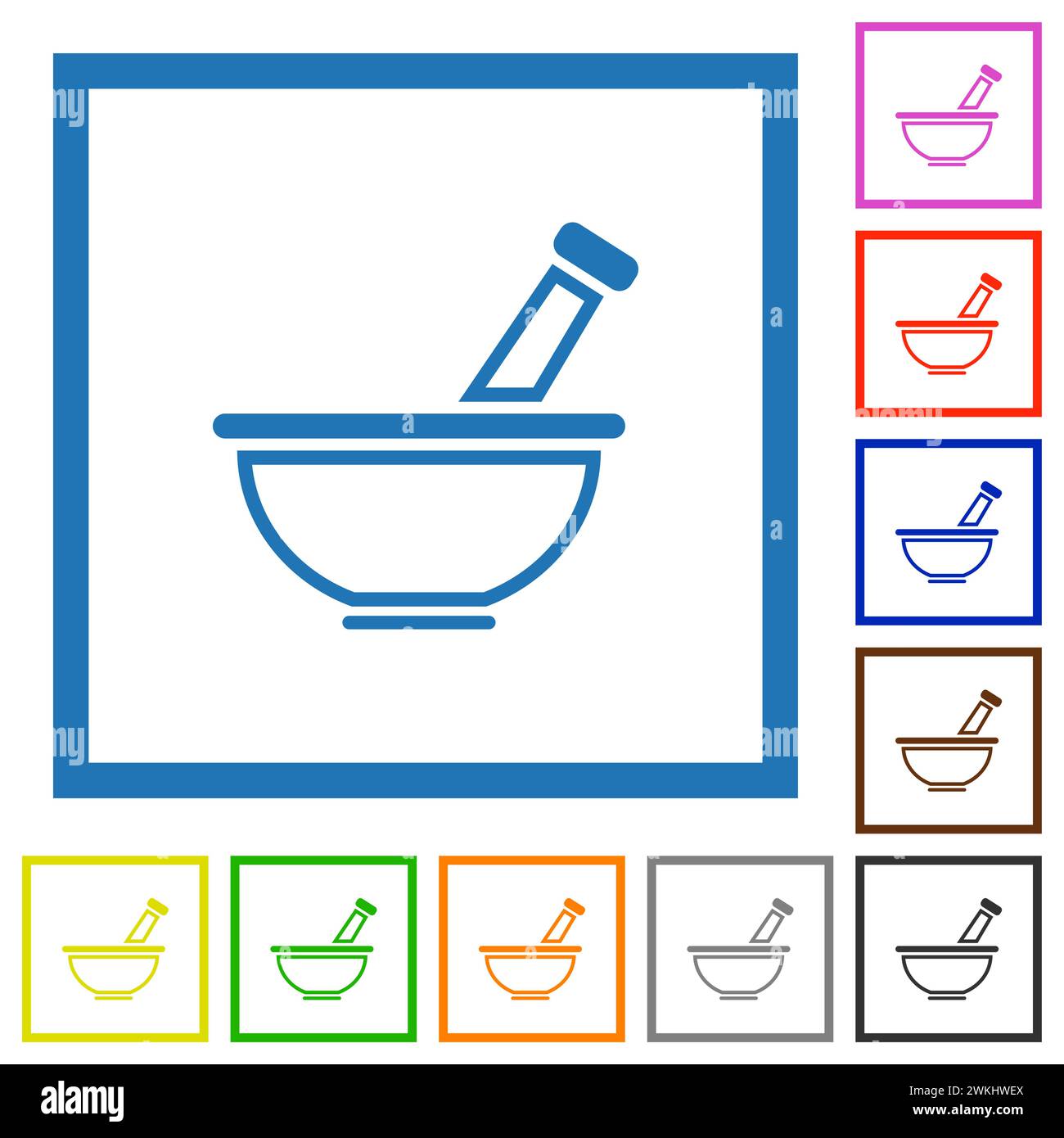 Mortar and pestle outline flat color icons in square frames on white ...