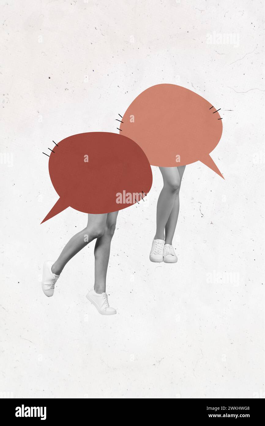 Vertical image collage two young woman body fragment legs conversation ...