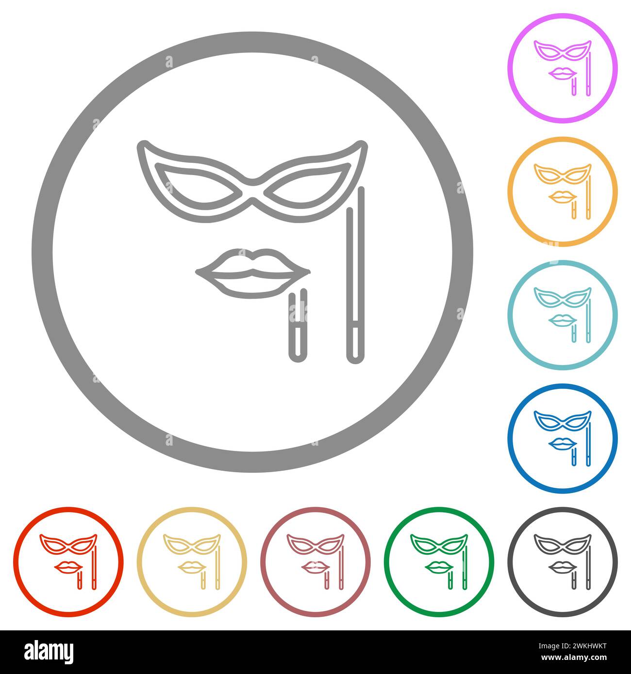 Woman masquerade mask with stick outline flat color icons in round ...