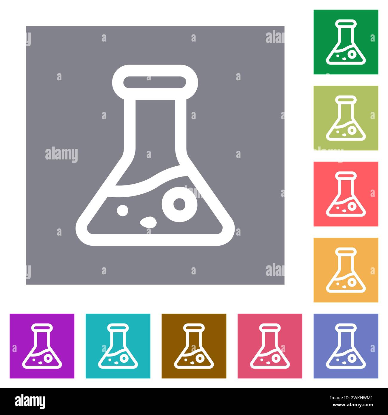 Lab flask with liquid outline flat icons on simple color square ...