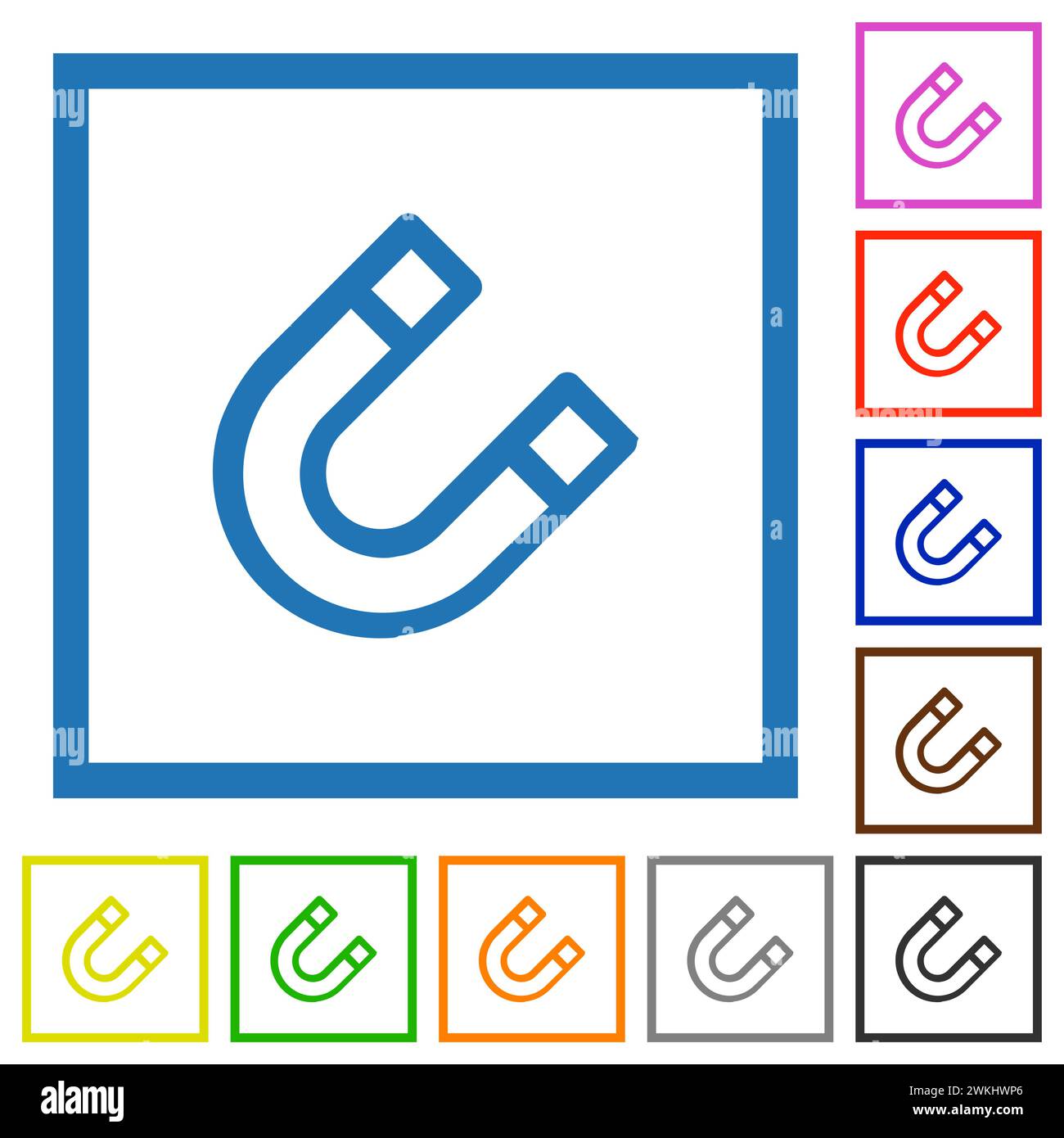 Horseshoe magnet outline flat color icons in square frames on white ...