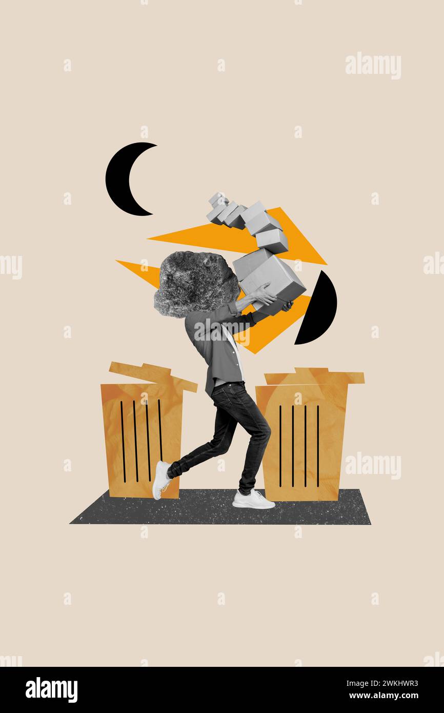 Vertical creative collage image of young man rock instead head throw ... Vertical creative collage image of young man rock instead head throw ...
