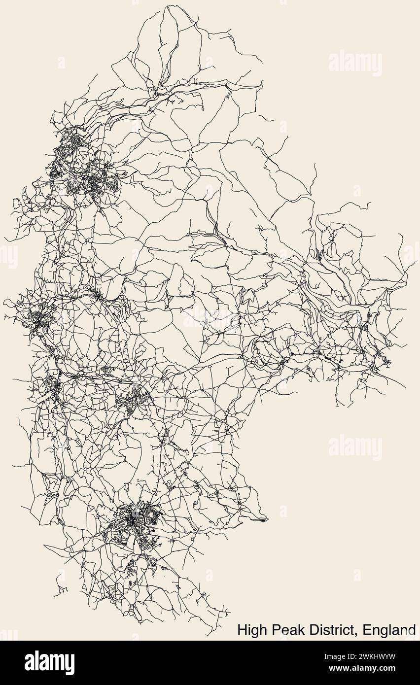 Street roads map of the British town of HIGH PEAK DISTRICT, ENGLAND ...