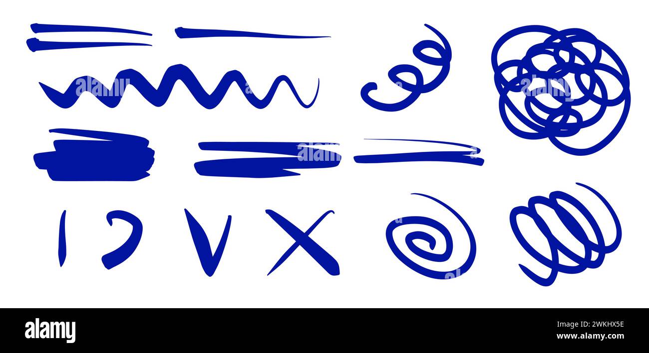 Hand Drawn Blue Marker lines and squiggle set. Vector Wavy line, Check ...