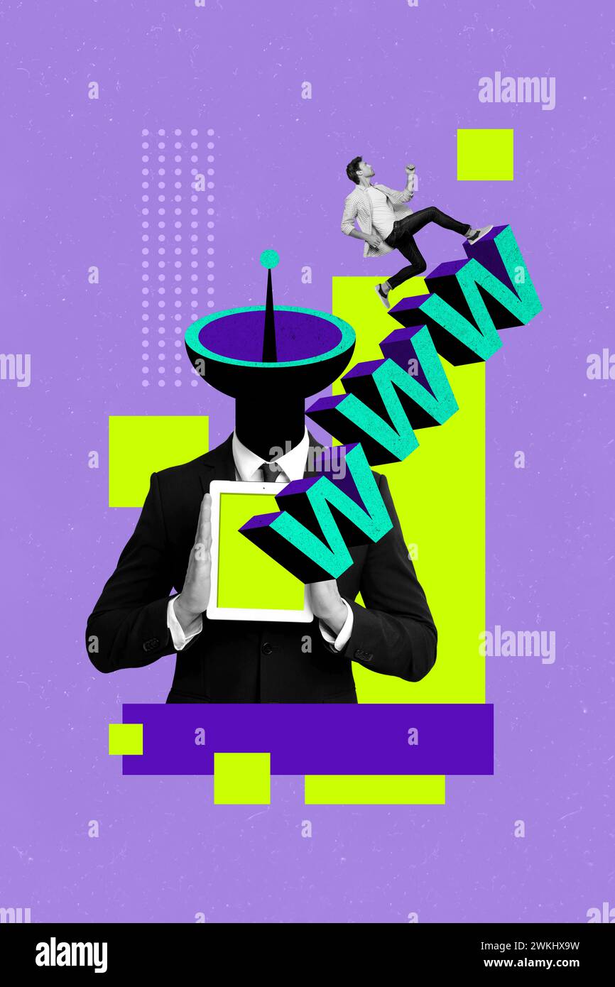 Vertical collage headless man formal suit hold tablet screen broadcast ...