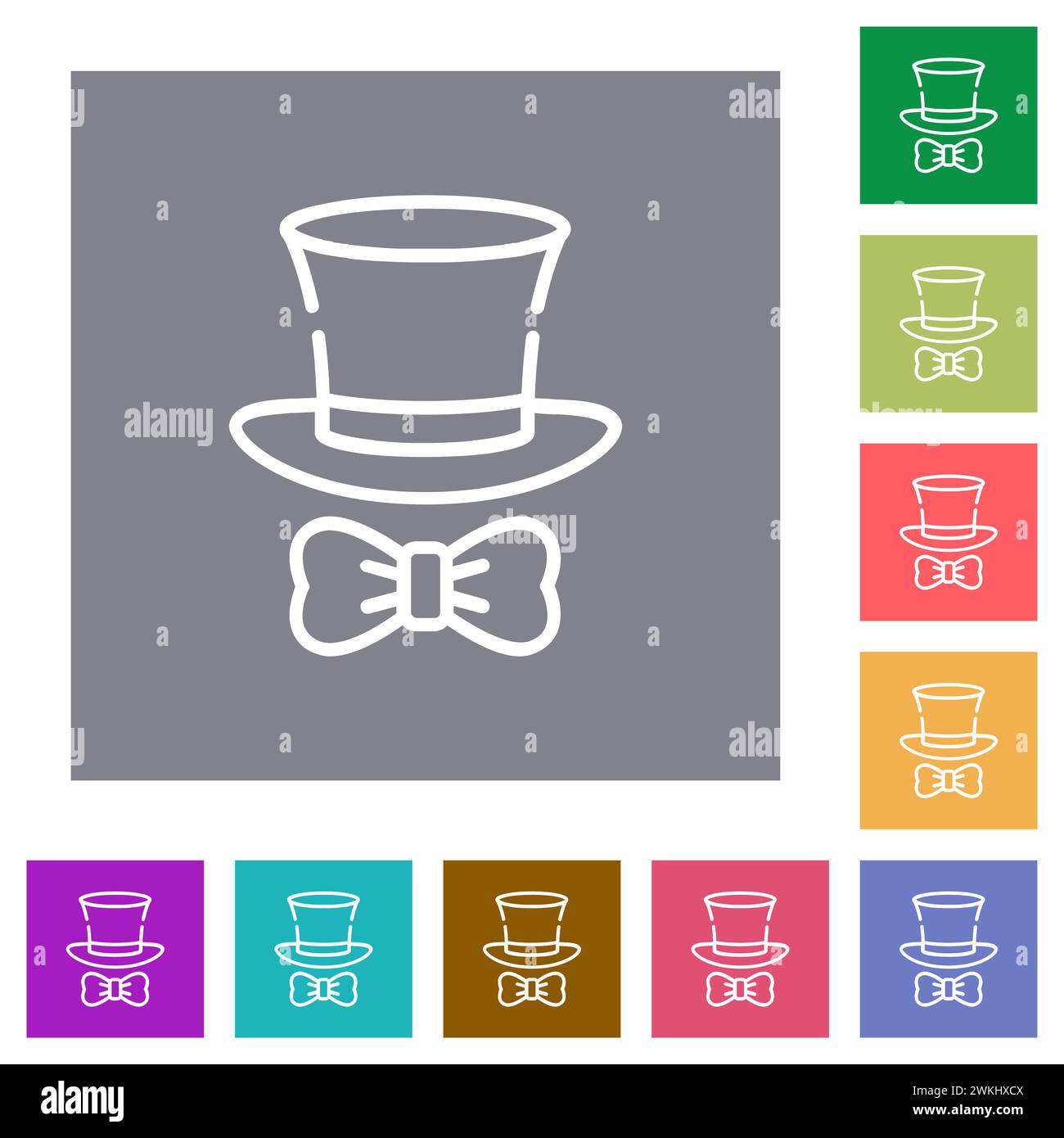 Top hat and bow tie outline flat icons on simple color square ...