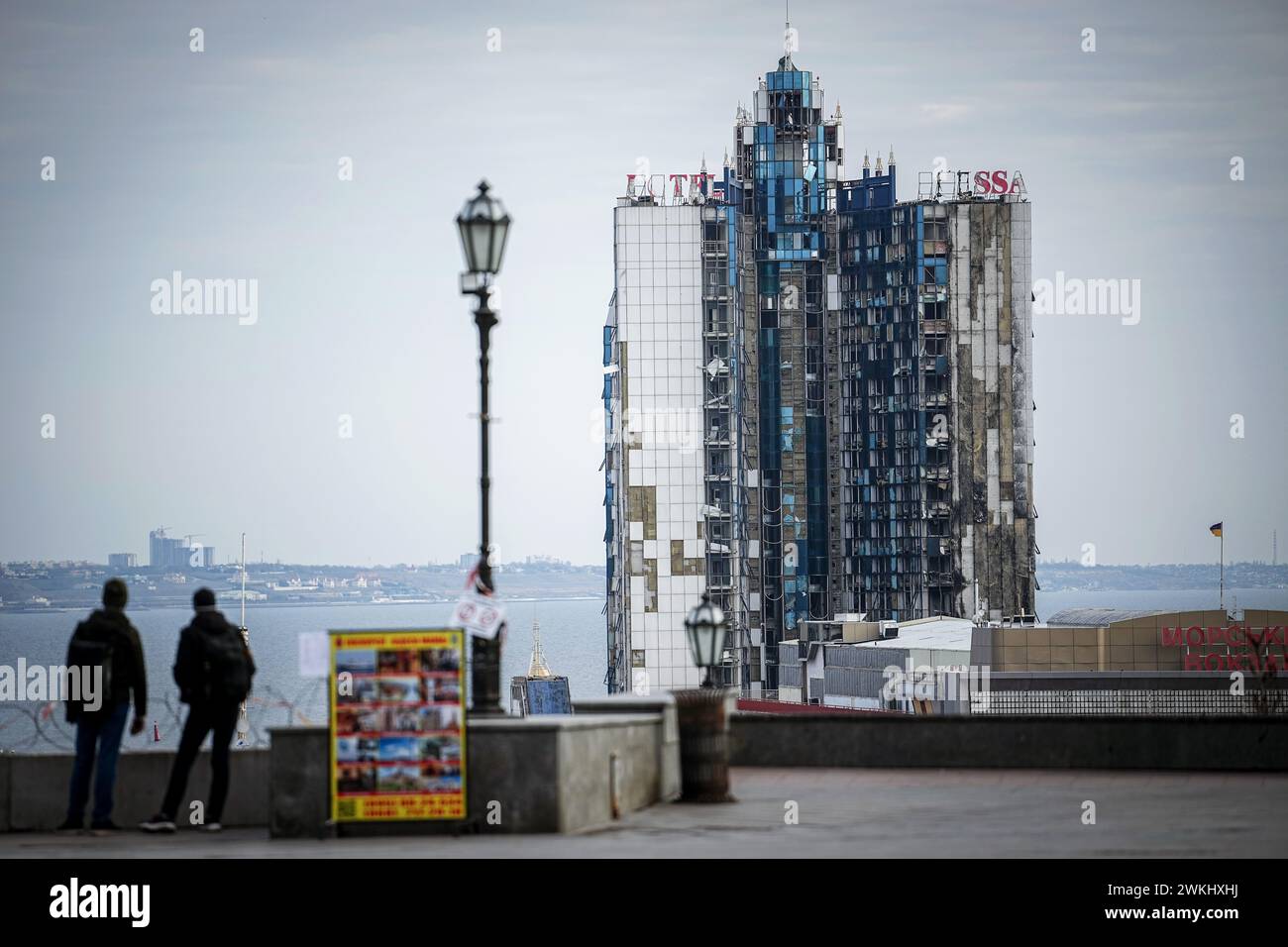 Odessa, Ukraine. 21st Feb, 2024. The destroyed Hotel Odessa can be seen ...
