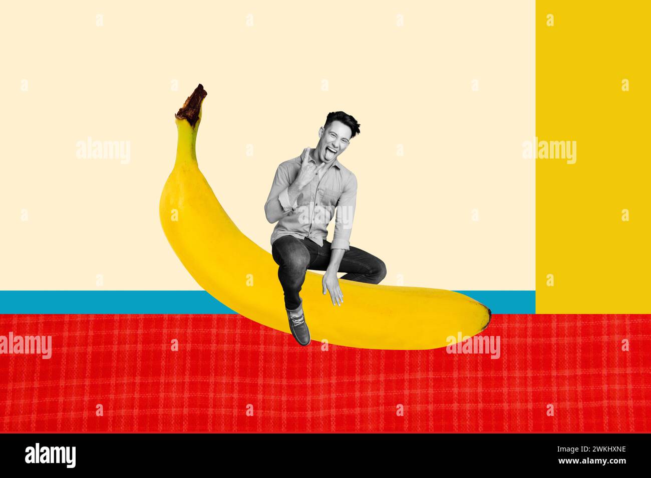 Picture sketch collage image of cool funky guy showing hard rock sign ...