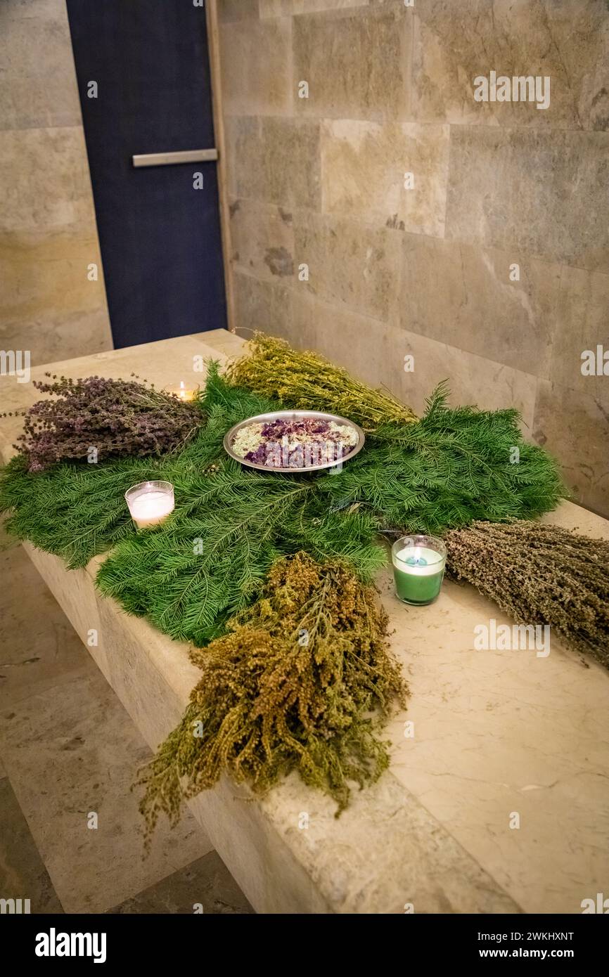 On the table in the hammam there are fragrant bath brooms, symbolizing ...