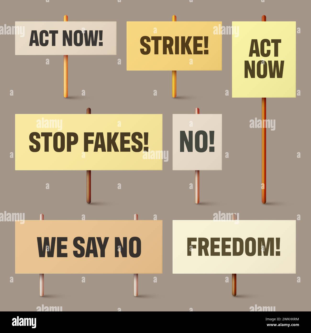 Colorful protest signs with slogan on wooden holder. Realistic vector ...