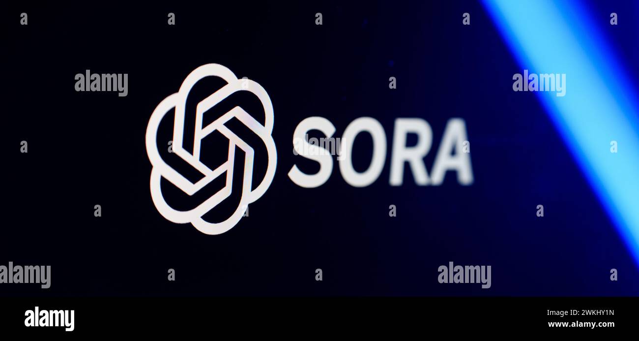 Sora OpenAI logo on black screen. New text to video AI mode Stock Photo - Alamy