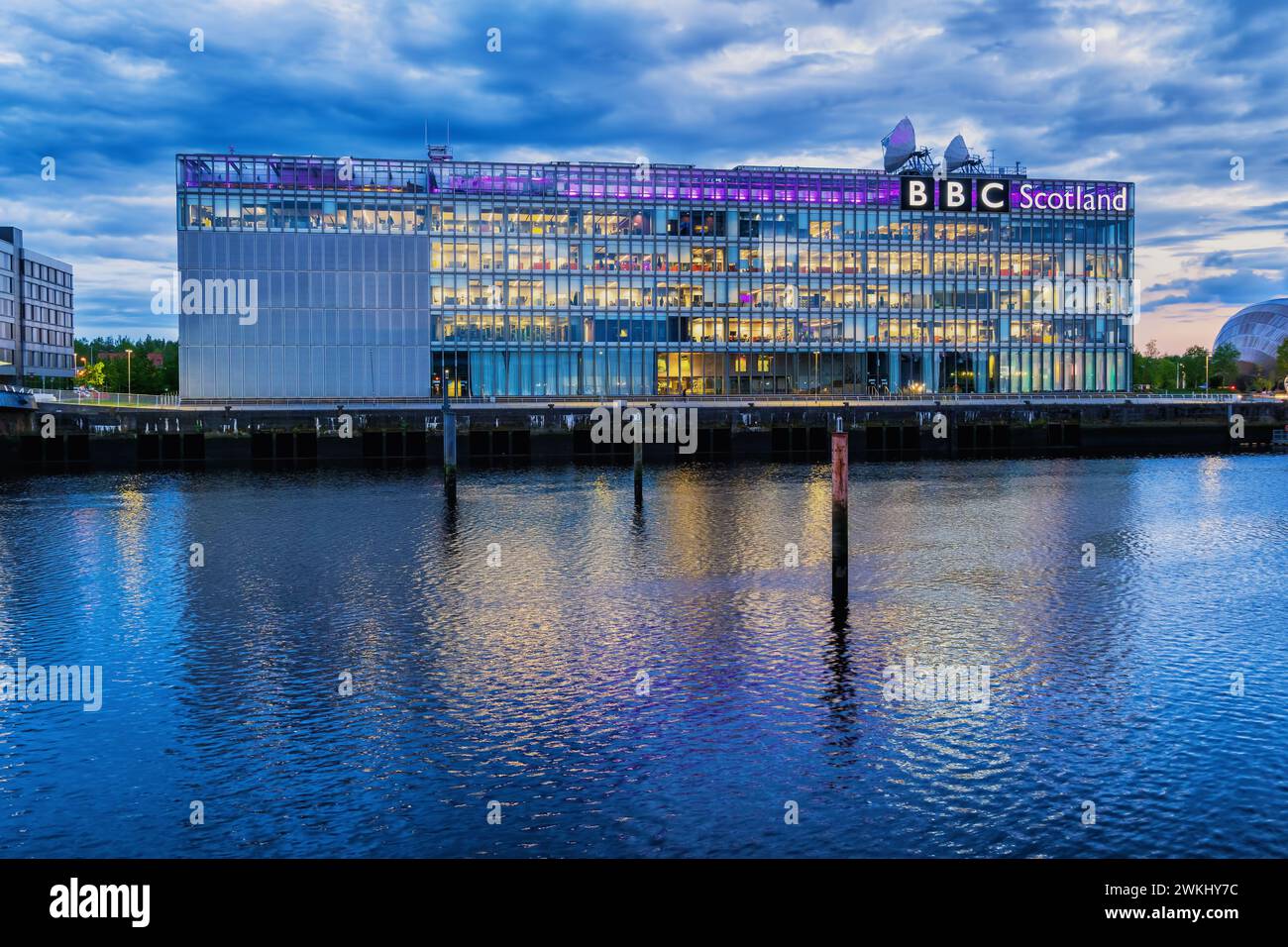 Evening at BBC Scotland building at River Clyde, television and radio ...