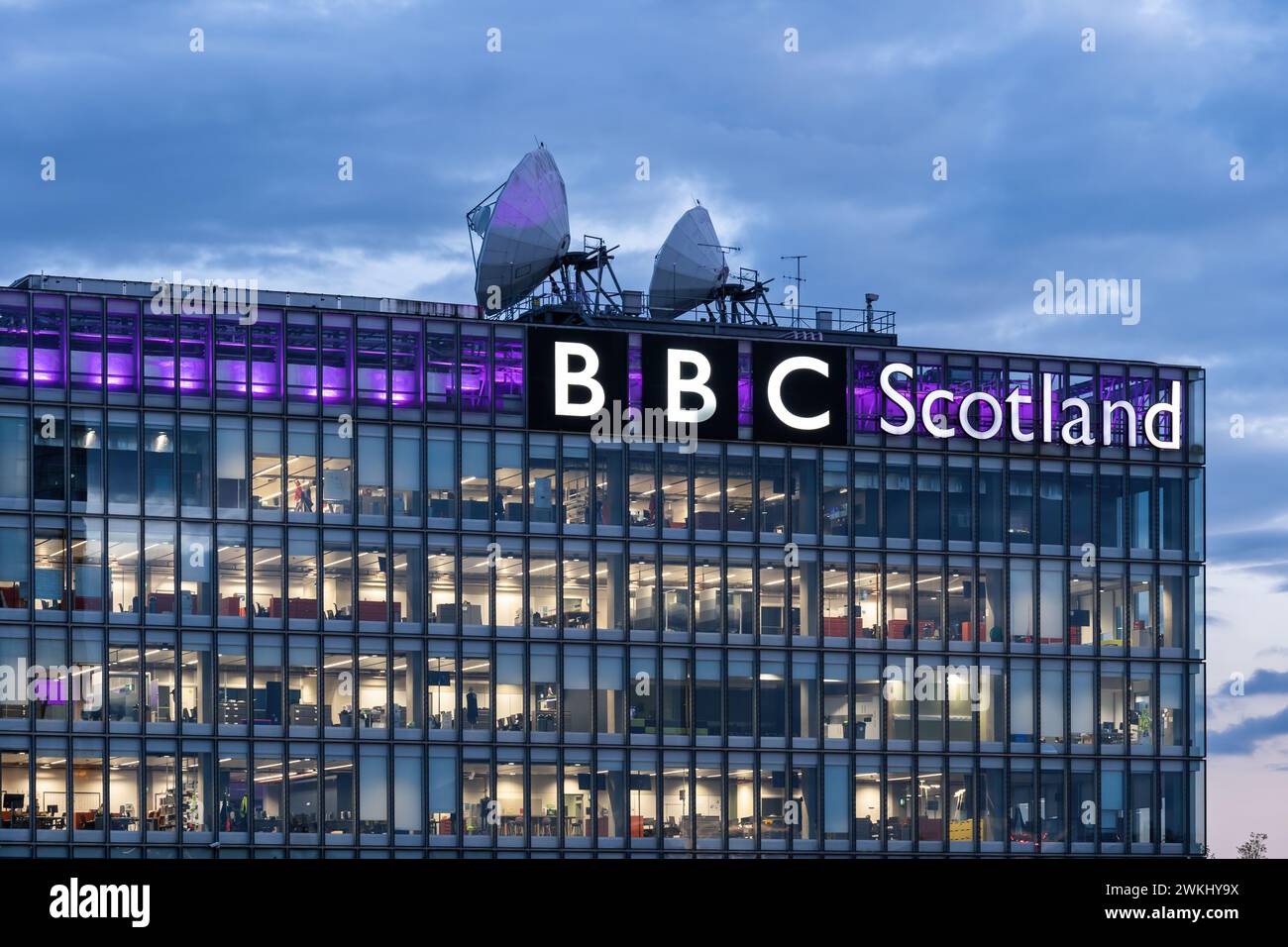 Evening at BBC Scotland building television and radio studio complex at ...