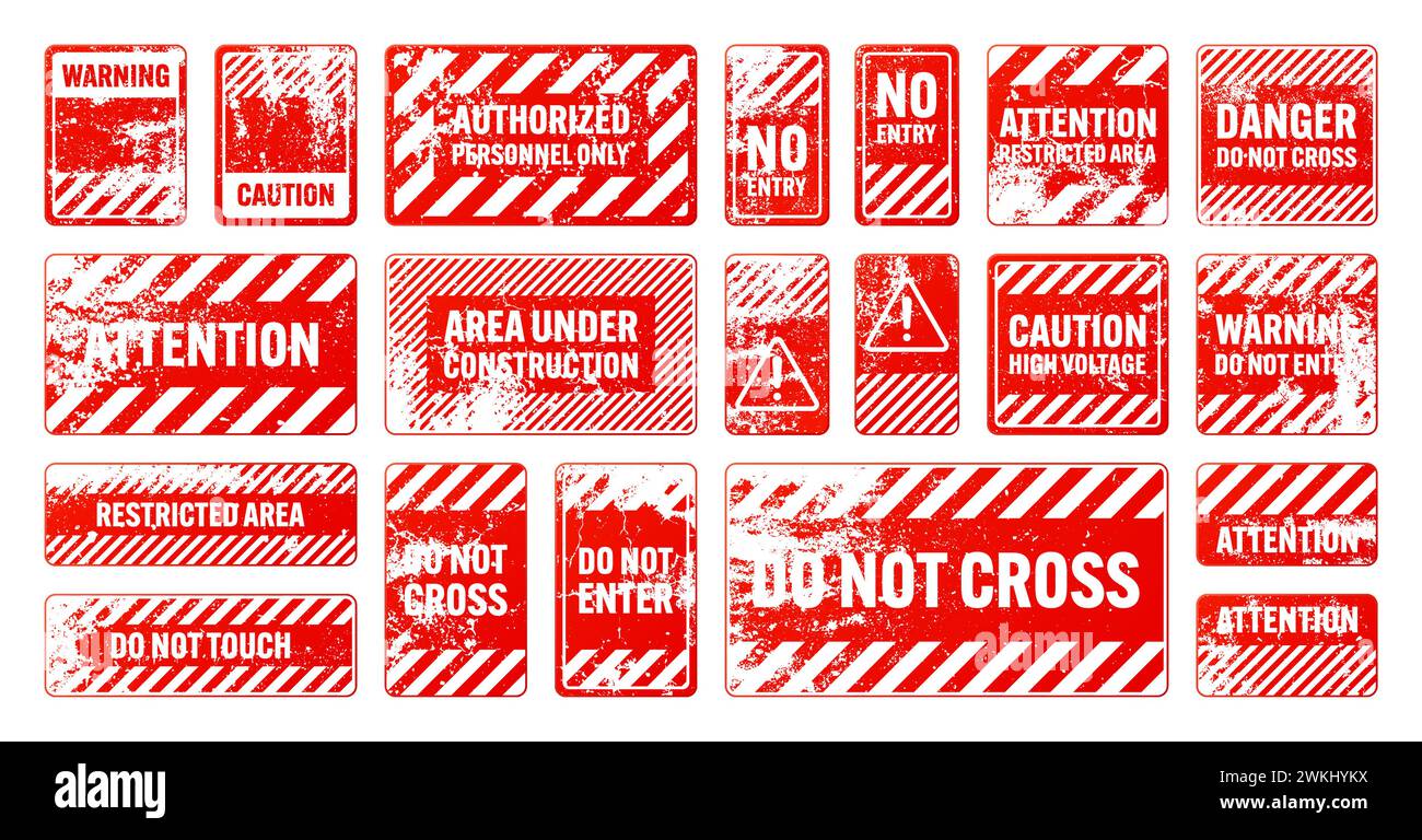 Red grunge warning signs with diagonal lines. Old attention, danger or ...