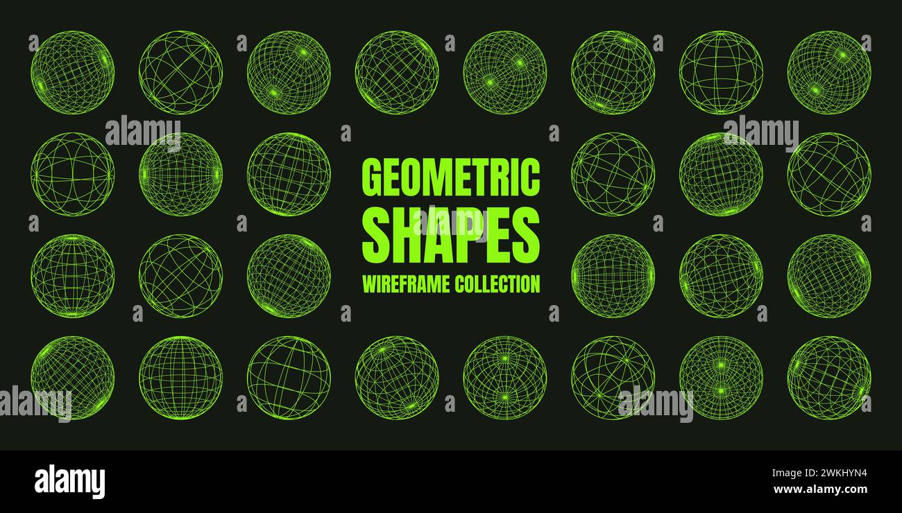 Wireframe shapes, lined sphere. Perspective mesh, 3d grid. Low poly ...