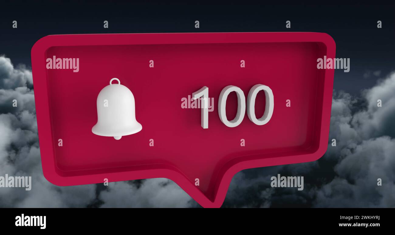 Image of alert icon with numbers on speech bubble over sky and clouds ...