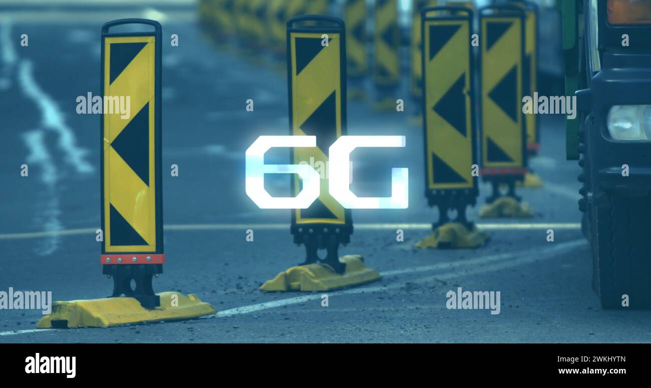 Glowing 6g text against caution road signs and city traffic in ...