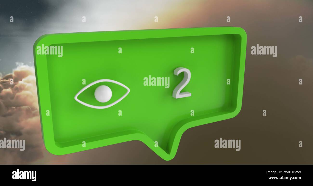 Image of eye icon with numbers on speech bubble over sky and clouds ...