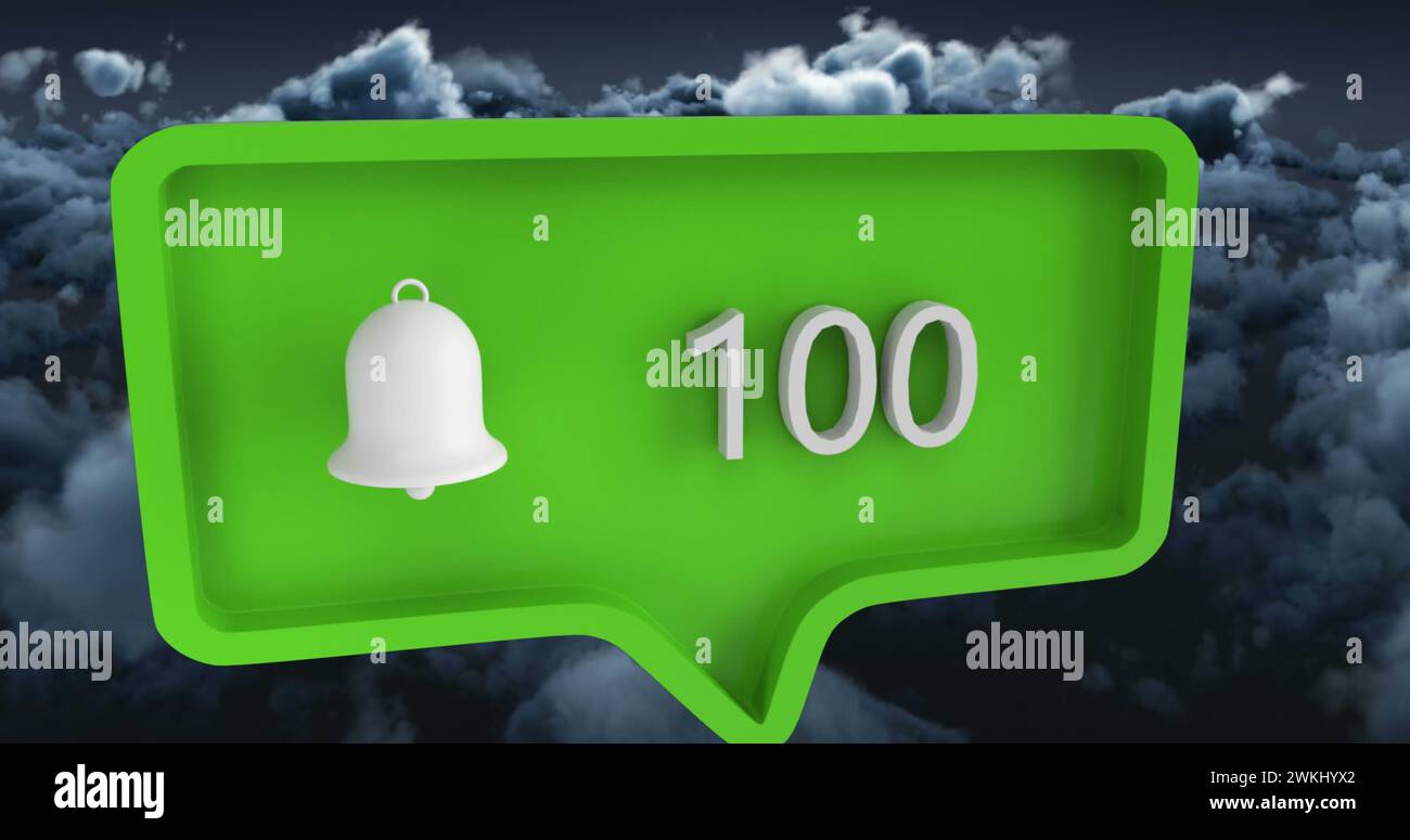 Image of alert icon with numbers on speech bubble over sky and clouds ...