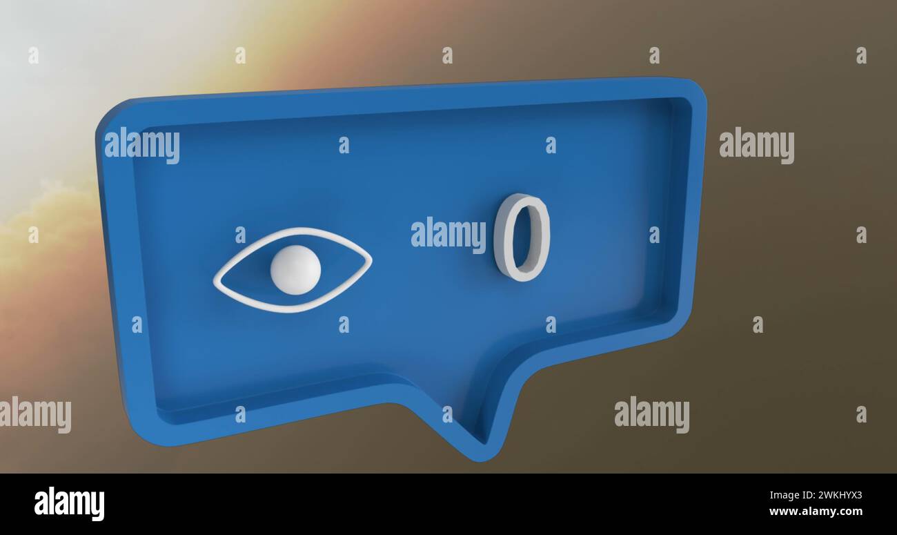 Image of eye icon with numbers on speech bubble over sky and clouds ...