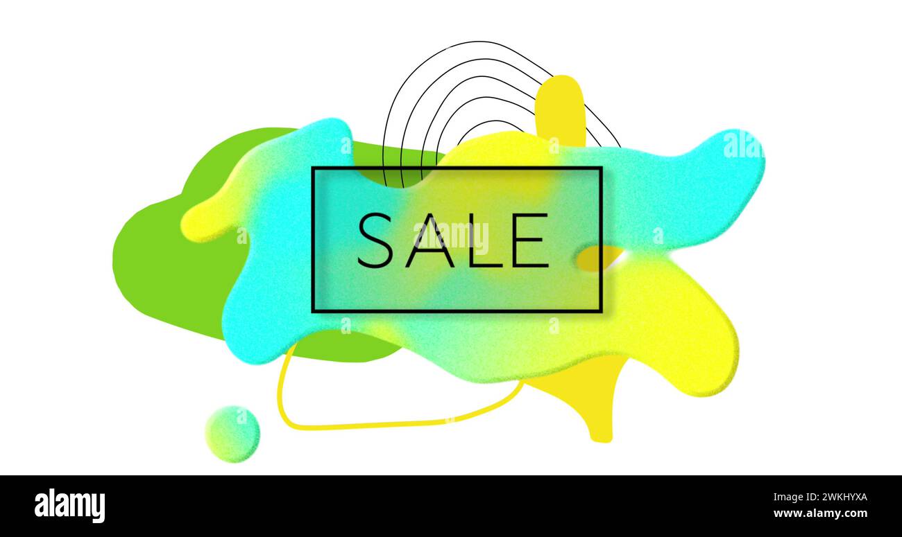 Image of sale text in black in black frame over multi coloured splodge ...