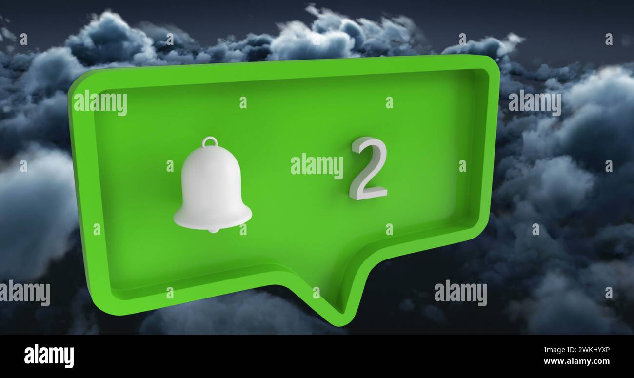 Image of alert icon with numbers on speech bubble over sky and clouds ...