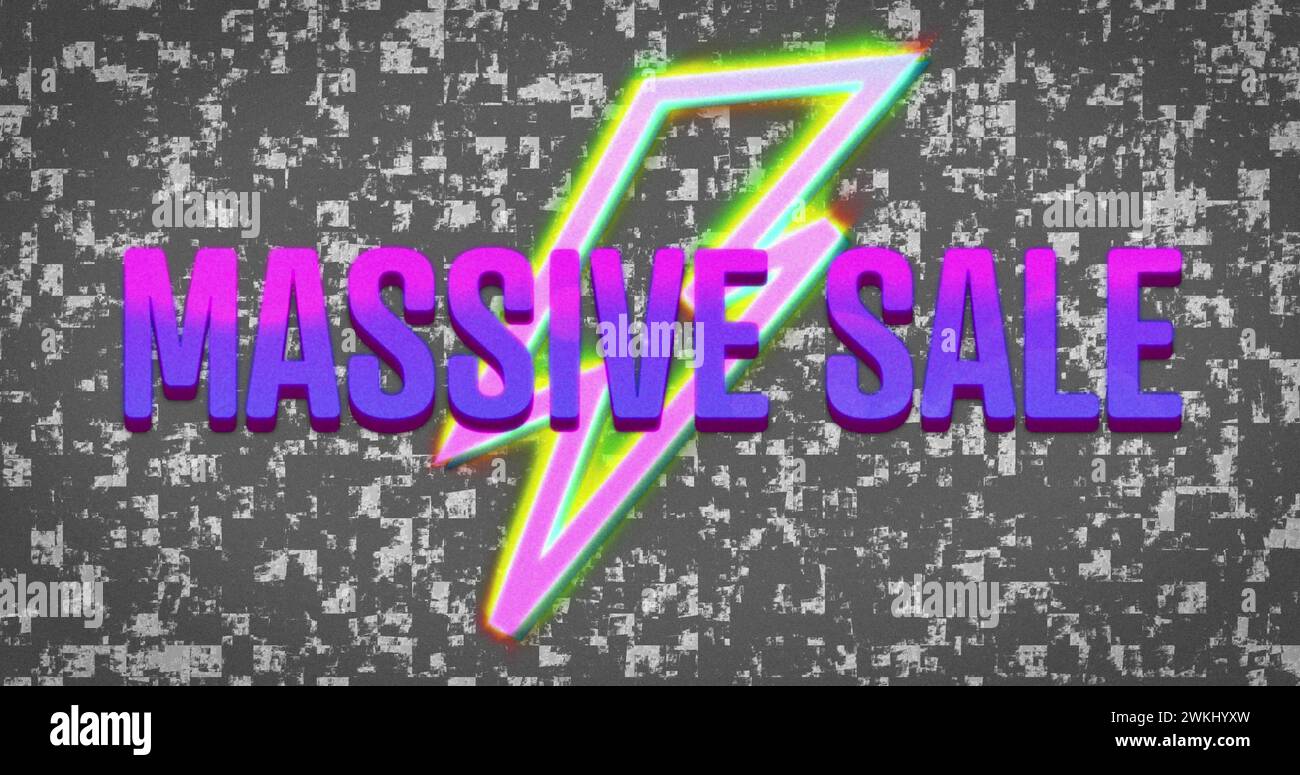 Digital image of neon massive sale text over thunderbolt shape against ...