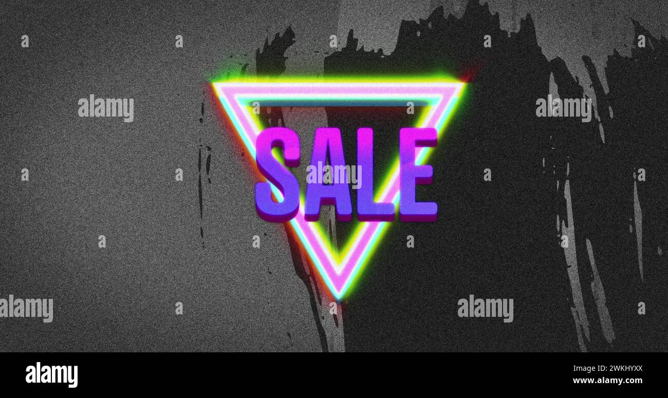 Image of retro sale purple text over neon triangle on distressed grey ...