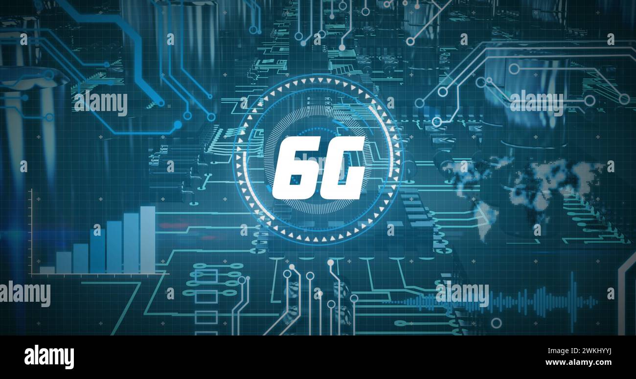 Image of 6g text, scope scanning over world map and computer processor ...