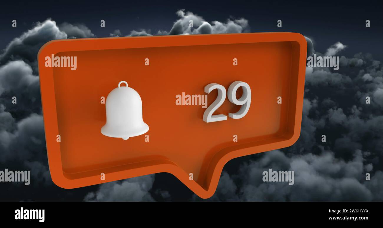 Image of alert icon with numbers on speech bubble over sky and clouds ...