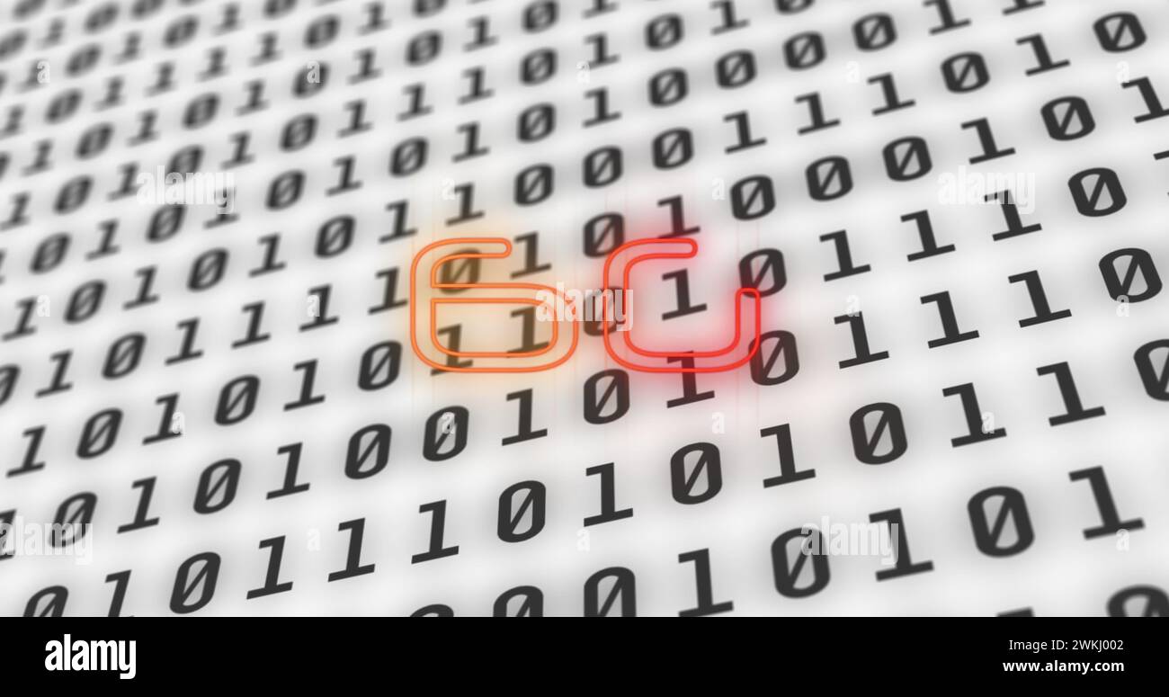 Image of 6g neon glowing text over binary coding. global network, communication, connection and ...