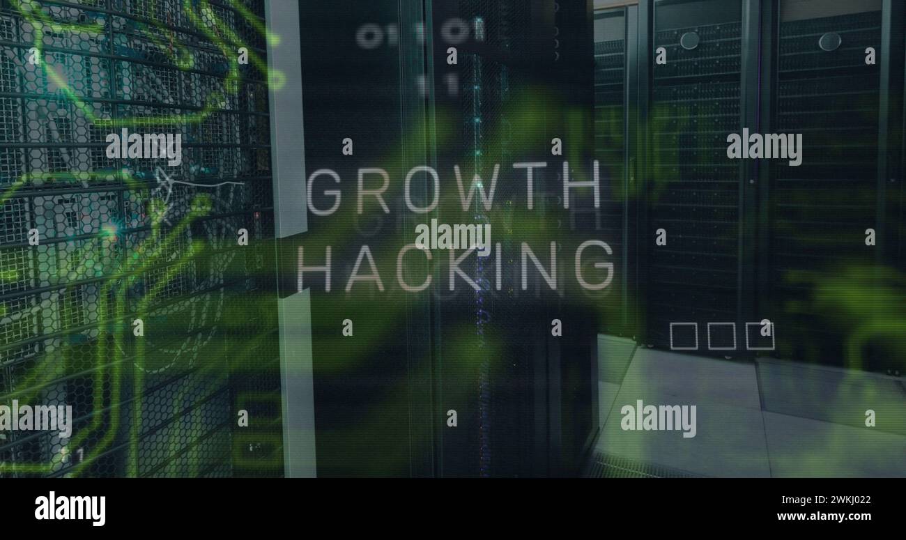 Image of growth hacking text and data processing over server room Stock Photo - Alamy