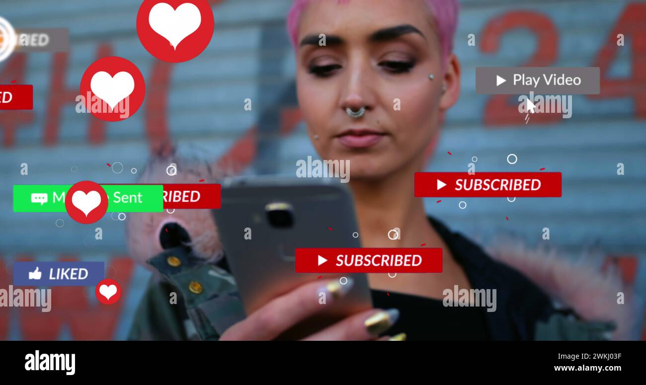 Image of falling social media icons over women using smartphone. social ...